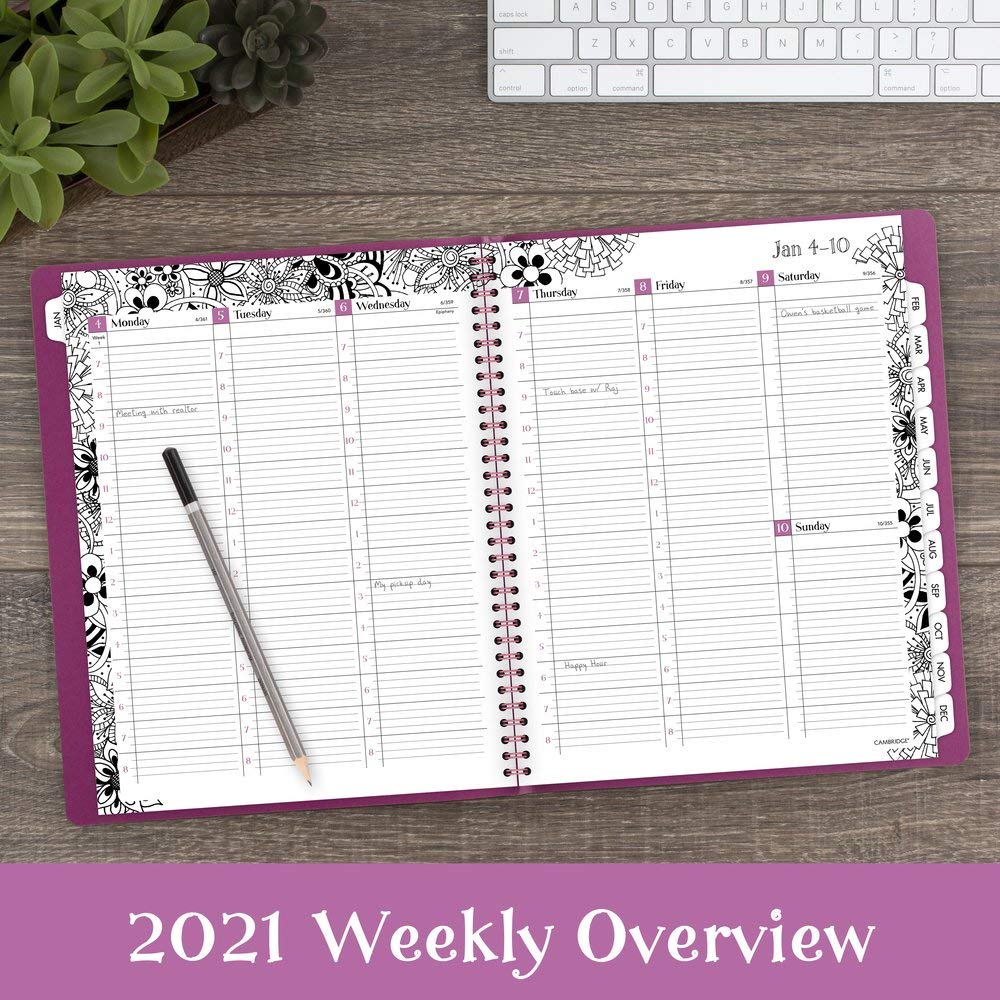 2021 Weekly & Monthly Planner by Cambridge, 8-1/2" x 11", Large, Premium, FloraDoodle, Black/White (589-905-21)