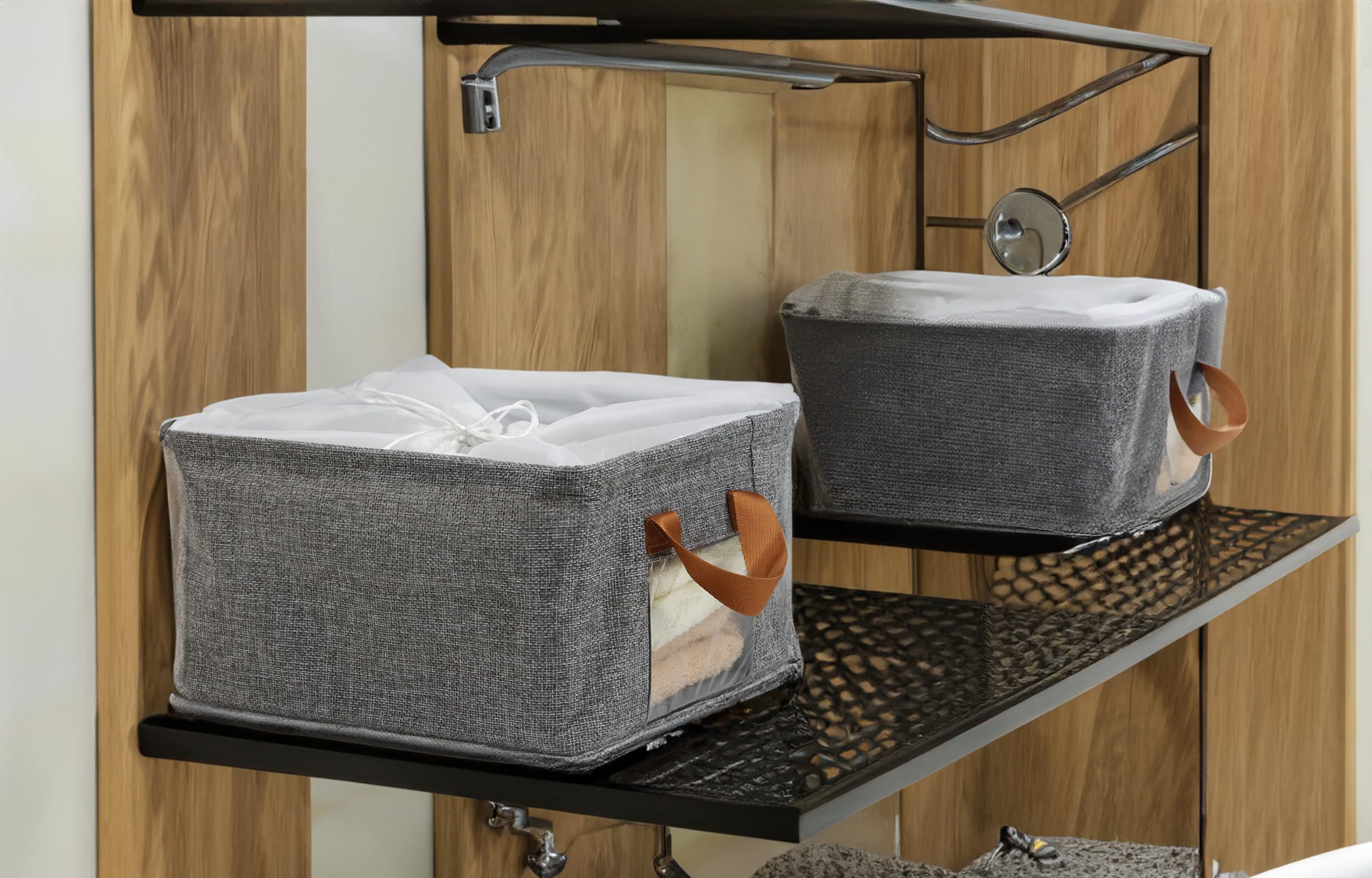 3pc 10 Liters Linen Storage Baskets with Dust-proof Opening & Handles & Visible Window, Foldable Small Fabric Bins Decorative Basket Organizer Boxes for Organizing Dresser Shelves