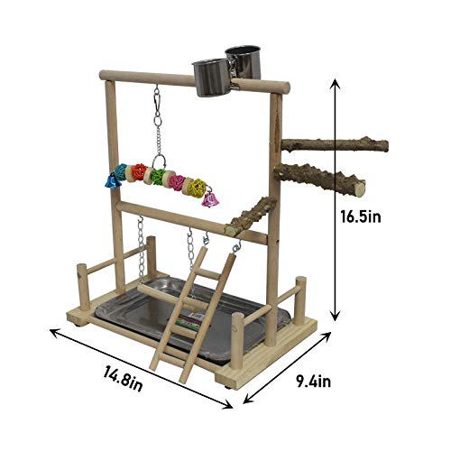kathson Bird Playground Parrot Perch Stand Toys, Birds Wood Play Gym Activity Center Exercise Playpen Ladder Swing with Feeder Cups Chewing Toy(Include a Tray)