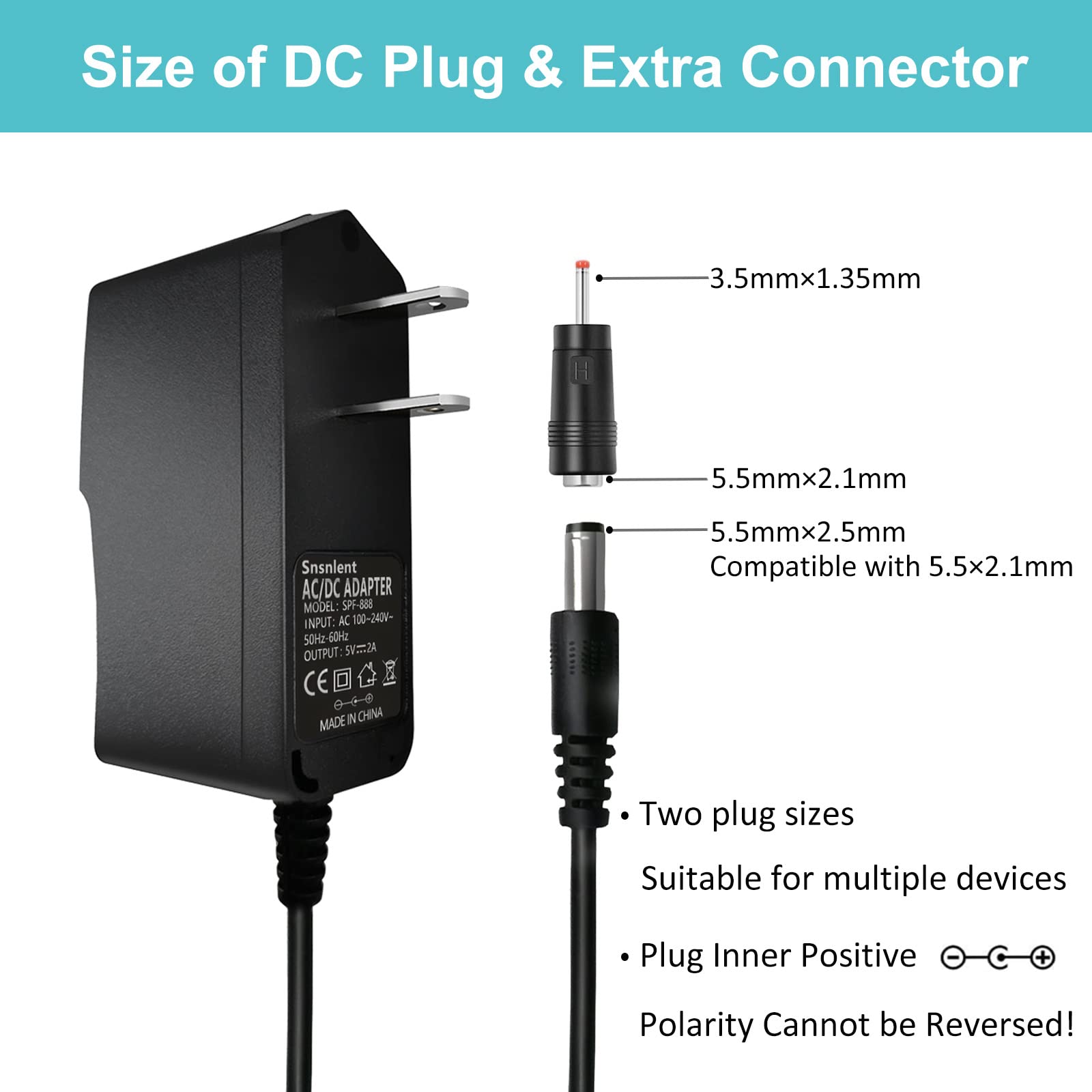Snsnlent 5V 2A AC DC Adapter with 5.5 x 2.5mm Charger US Plug 5V 2A Power Adapter 5V 2A 1A Switching Power Adapter 5V 2000ma Switching Power Supply Charger DC Connector Jack 5.5mmx2.1mm