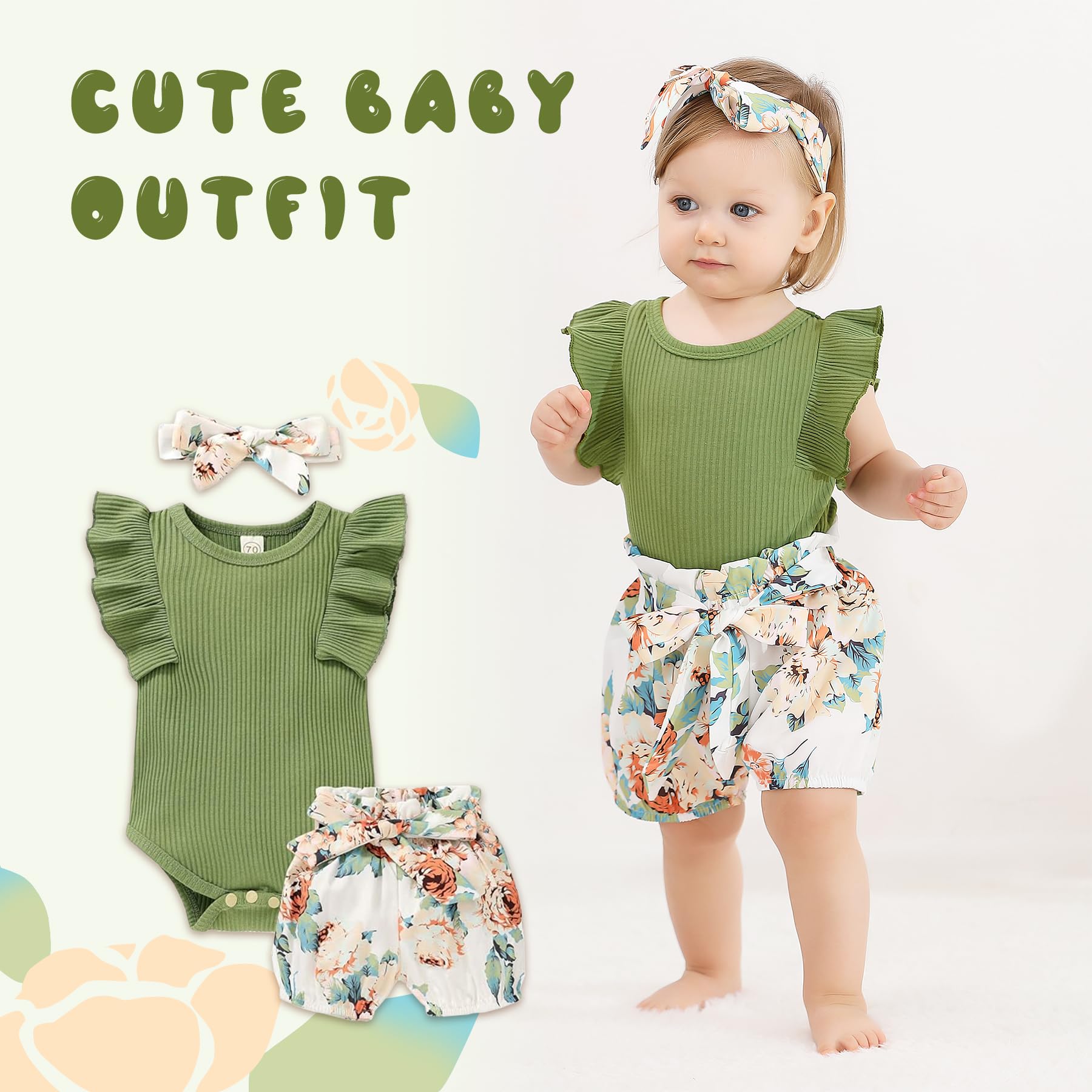 Tiny Cutey Baby Girl Clothes Infant Summer Outfits Set Ruffle Sleeve Romper and Floral Shorts with Headband (Sleeveless Green, 100)