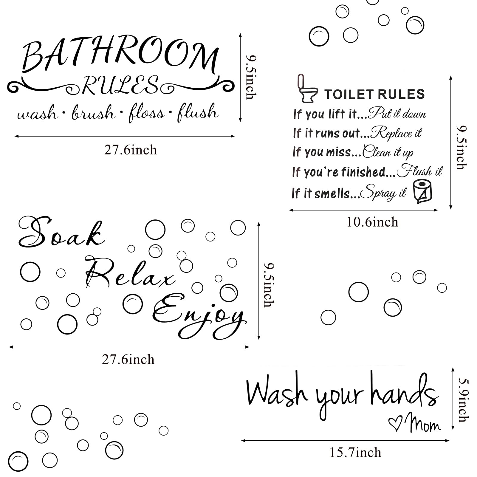 4 Pieces Bathroom Wall Decals Sticker Toilet Rules Soak Relax Enjoy Bathroom Rules Wash Your Hands Love Mom Wall Quote Saying Stickers Vinyl Wall Art Decor for Home Restroom (Black)
