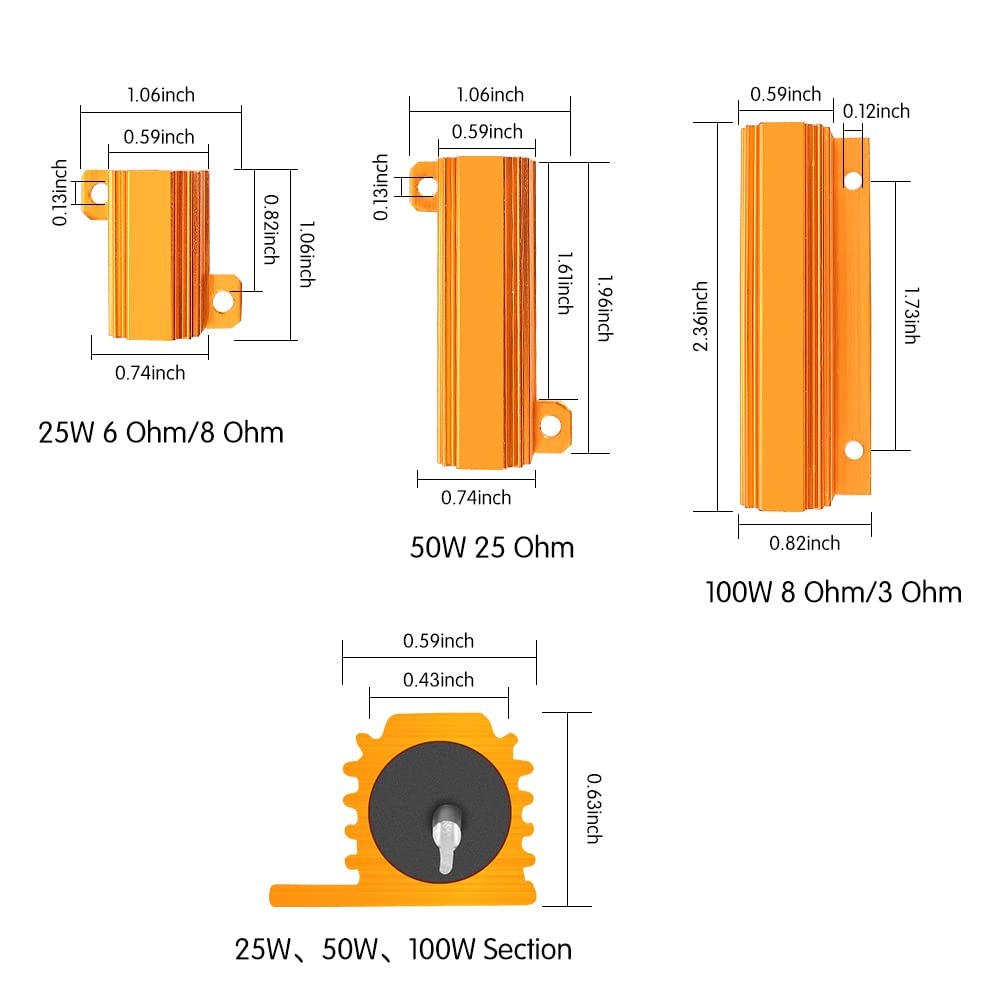 WOWOONE Set of 10 Power Resistor, Aluminum Shell Resistors, 25W 6 Ohm/8 Ohm, 50W 25 Ohm, 100W 8 Ohm/3 Ohm Watt Shell Power Aluminum Housed Case Wirewound Resistor for Nest Hello Doorbell