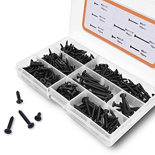 VIGRUE 310 Pcs #6 1/2'' to 1'' #8 1/2'' to 1-1/2'' Wood Screws Black Oxide Coated Stainless Steel Flat Head Phillips Drywall Screw Assortment Kit, Self Tapping Screws Kit in 8 Sizes