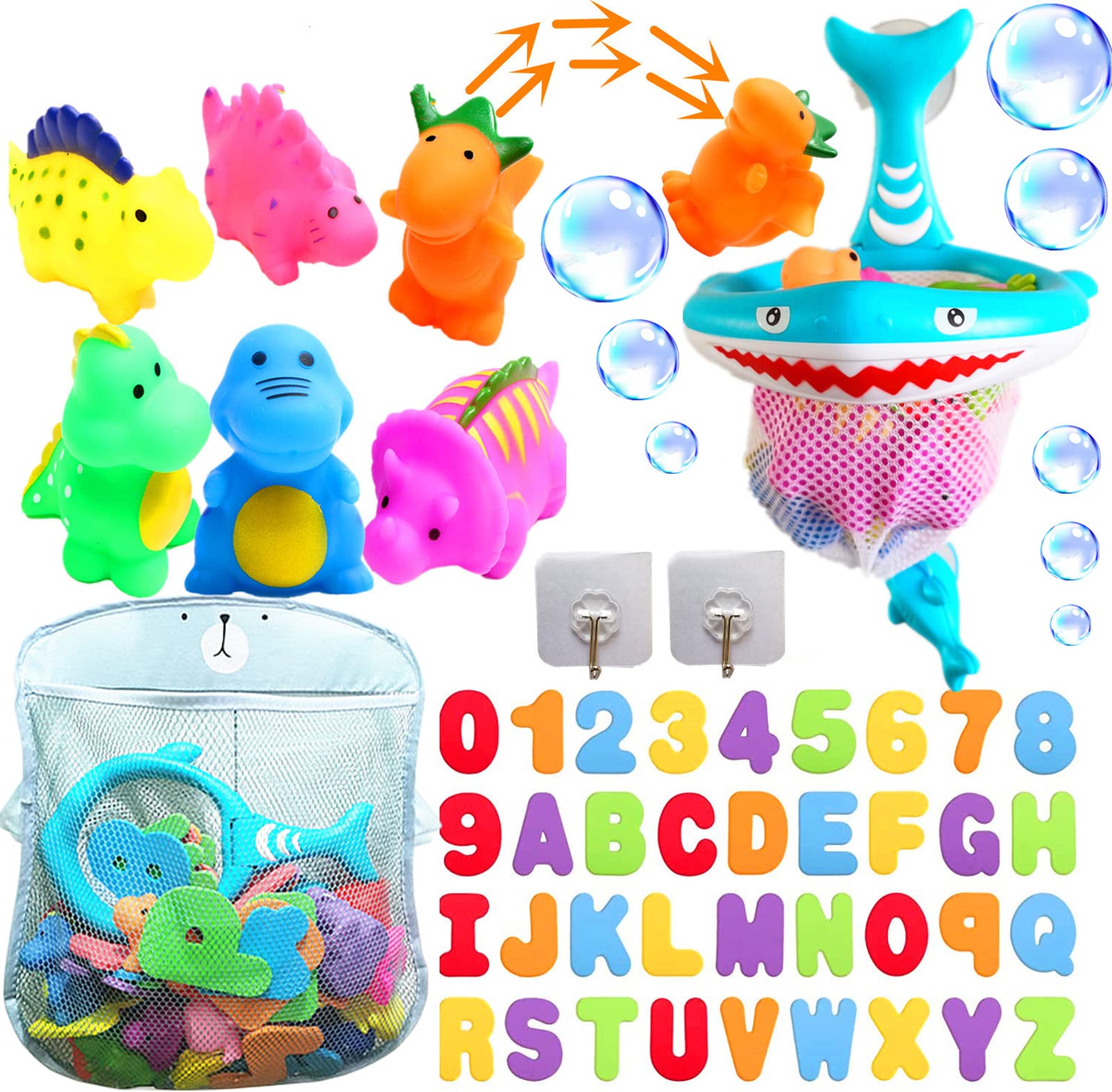 Baby Bath Toys,Bath Toys,Bath Toy Storage,Bath Toys for Toddlers 1-3,Bath Toy Baby Bath Set,Letters & Numbers, Bath Toy Organizer Dinausors Toys , Water Spray Bath Set with Fishing Net(44)