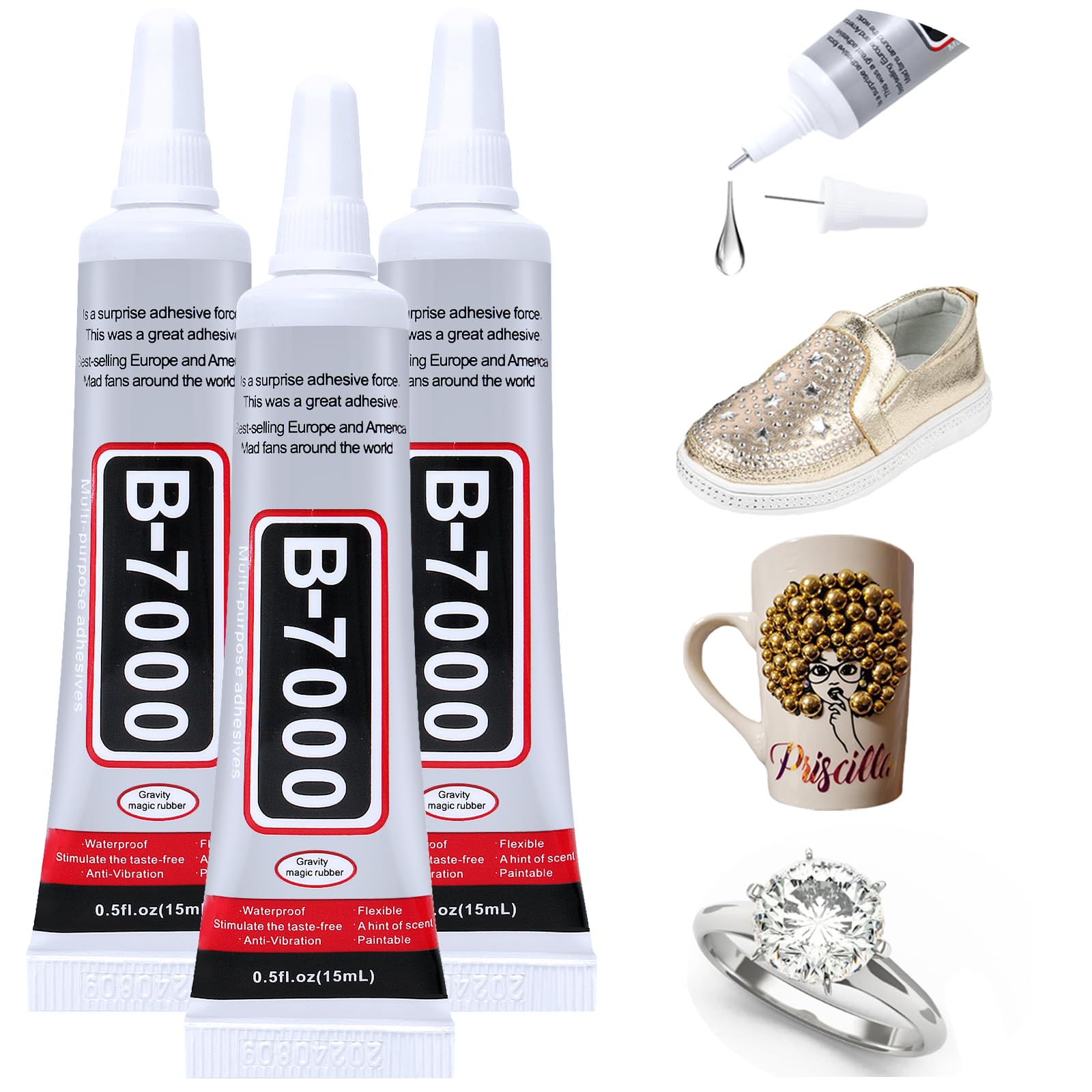 3PCS B7000 Jewelry Glue for Jewelry Making, FITTDYHE 15ML/0.5fl oz Clear Glue DIY Craft Glue Rhinestones Glue, Waterproof Stong Bond Adhesive Glue for Phone Repair Nail Art Shoes Fabric Metal Glass