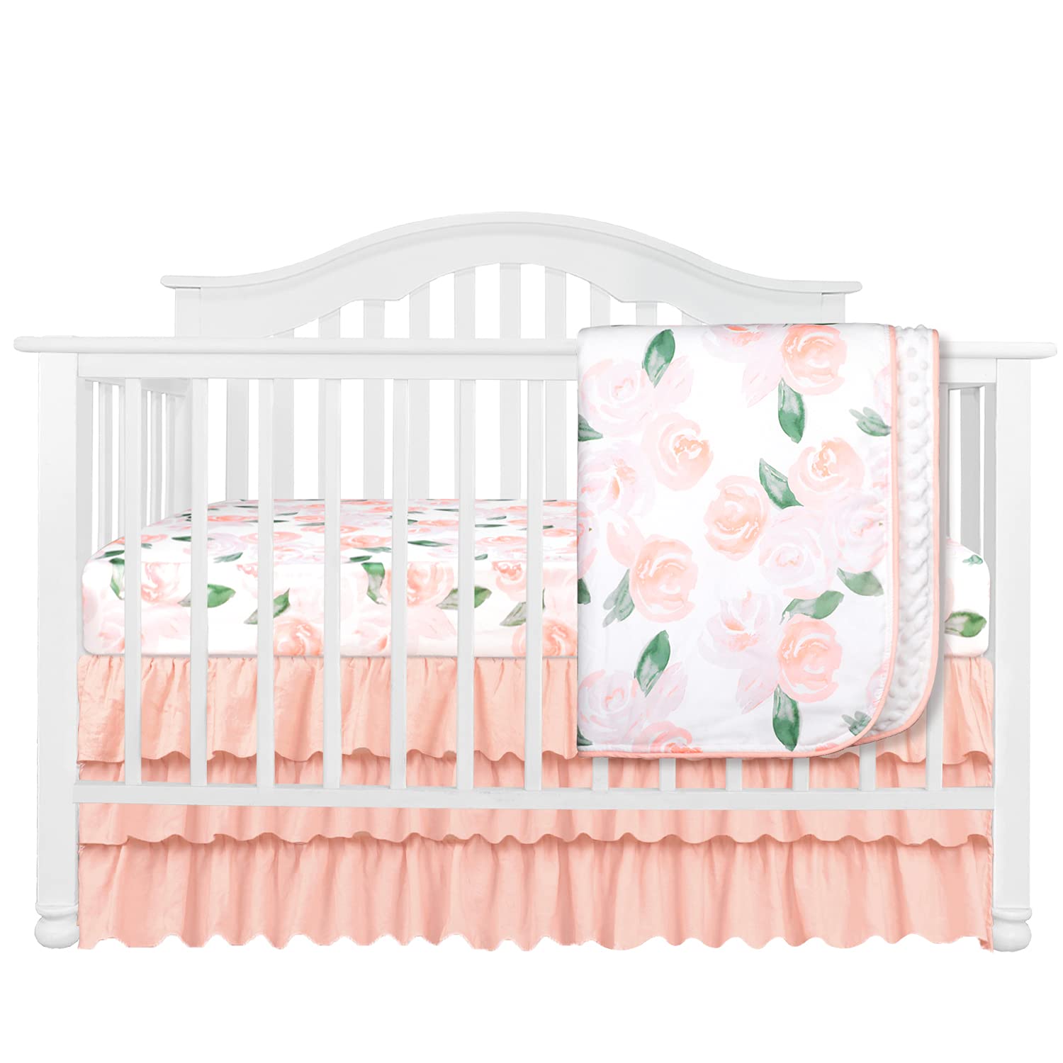 Boho Coral Floral Ruffle Skirt Baby Minky Blanket Peach Floral Nursery Crib Skirt Set Baby Girl Crib Bedding Feather Blanket (Blush Watercolor Floral, 3pc Set)