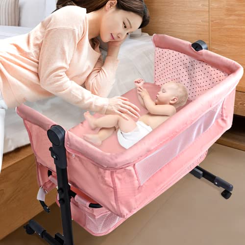 3 in 1 Baby Bassinets, Bedside Sleeper & Bedside Crib with Storage Basket, Easy to Assemble Baby Cradle, with Wheels, Adjustable Height, Mattress, Mosquito Nets