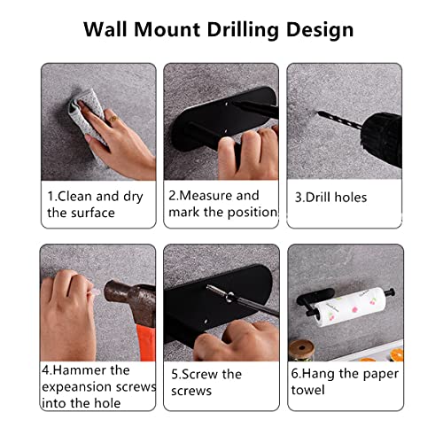 Aussido Paper Towel Holder Under Cabinet 13.2 inch Adhesive and Wall Mount Stainless Steel Paper Towel Holder Under Counter for Kitchen (Black)