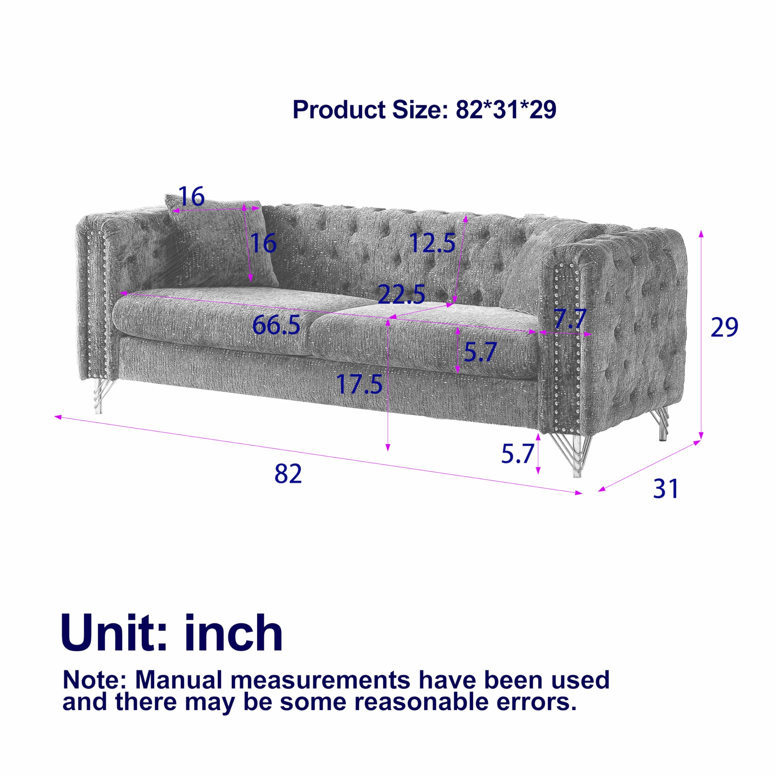 82 Inch Modern Living Room Chenille Sofa,Extra Deep Seats Sofa With Copper Nail Decoration Armrest,Chenille Pull Buckle Design Sofa,Comfy Loveseat Sofa with Metal Legs, Easy to Install(Beige)