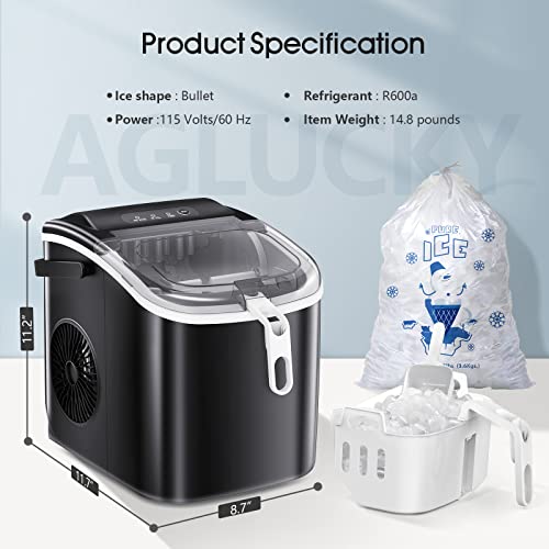AGLUCKY Ice Makers Countertop,Protable Ice Maker Machine with Handle,Self-Cleaning, 26Lbs/24H, 9 Ice Cubes Ready in 8 Mins, with ice Scoop and Basket,for Home/Office/Kitchen (Black)