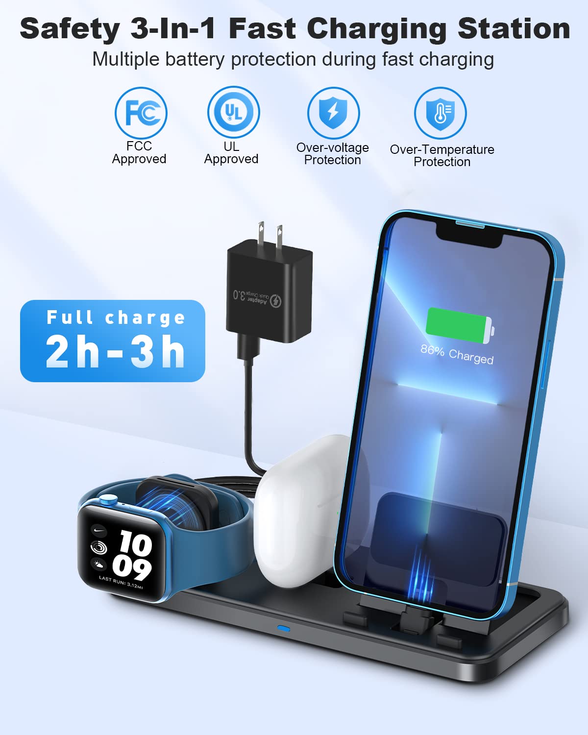 3 in 1 Charging Station for Apple Devices Foldable Charging Stand with 18W Adapter Compatible with iPhone Series AirPods Pro/3/2/1 Charging Dock for iWatch Series SE/7/6/5/4/3/2/1
