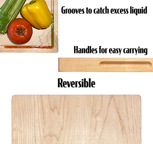 Wood Cutting Board Hard Maple 17x12x1.25 Inches Reversible with Handles and Juice Groove, Extra Thick Butcher Block Chopping Board Handmade By Ferrum.