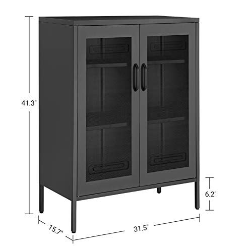 SONGMICS Metal Storage Cabinet with Mesh Doors, Multipurpose Storage Rack, 3-Tier Office Cabinet, Max. Load Capacity 55 lb per Tier, Black UOMC002B01