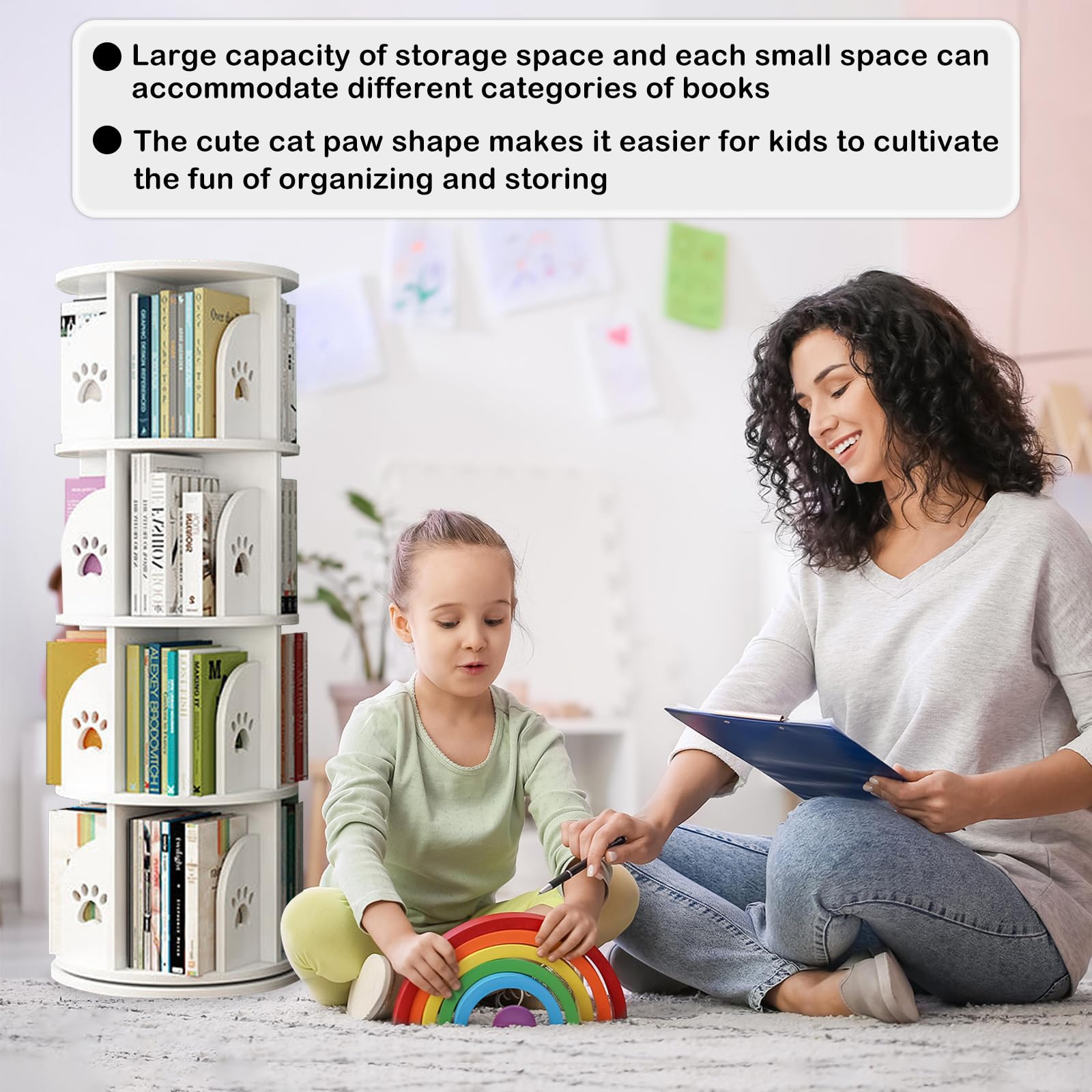 360°Rotating Bookshelf 4-Tier Large Capacity 18" Diameter Kids Bookshelf PVC Plastic Display Cabinet,Corner Bookcase Space Saving Round Spinning Storage Rack With Small Silicone Hammer (4-Tier)
