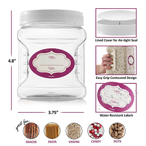 DilaBee Clear Plastic Storage Jars with Lids - 6 Pack - Square Plastic Containers with Airtight Lids - Canisters with Pinch Grip Handles - BPA-Free - 48 Oz