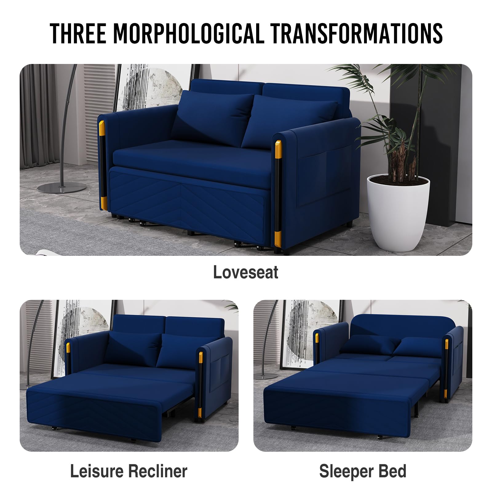 3 in 1 Convertible Sofa Bed, 54" Pull Out Couch 2 Seat Loveseat Sofa Modern Sleeper Sofa Linen Upholstered Fabric Sofa with 2 Pillows and Storage Armrest for Living Room - Black