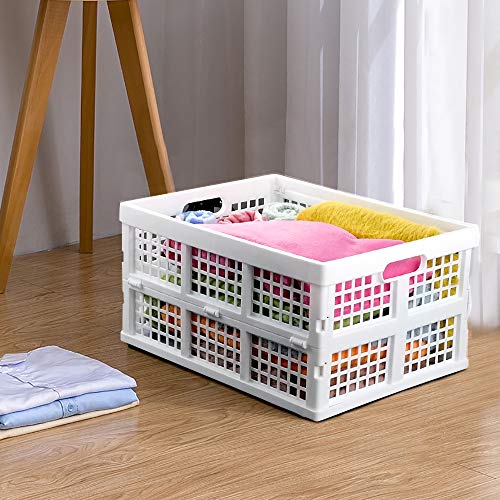 Sosody 34 L Large Collapsible Plastic Storage Crates, Folding Storage Baskets Stackable, White, 4 Packs