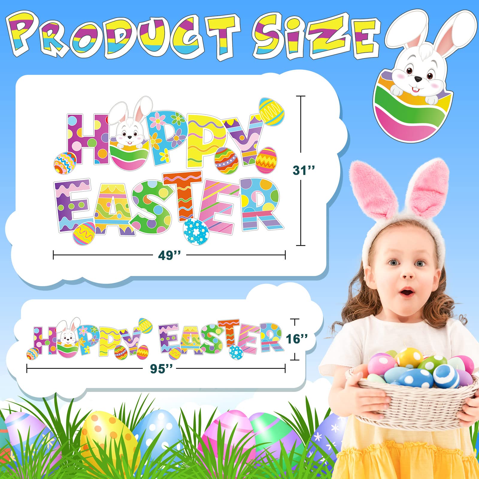 4 Pieces Happy Easter Yard Signs Decorations Outdoor Lawn Decorations Eggs Yard Stake Sign Bunny Easter Outdoor Decorative Stake Signs with 16 Plastic Stakes for Easter Garden Yard Party Supplies Prop