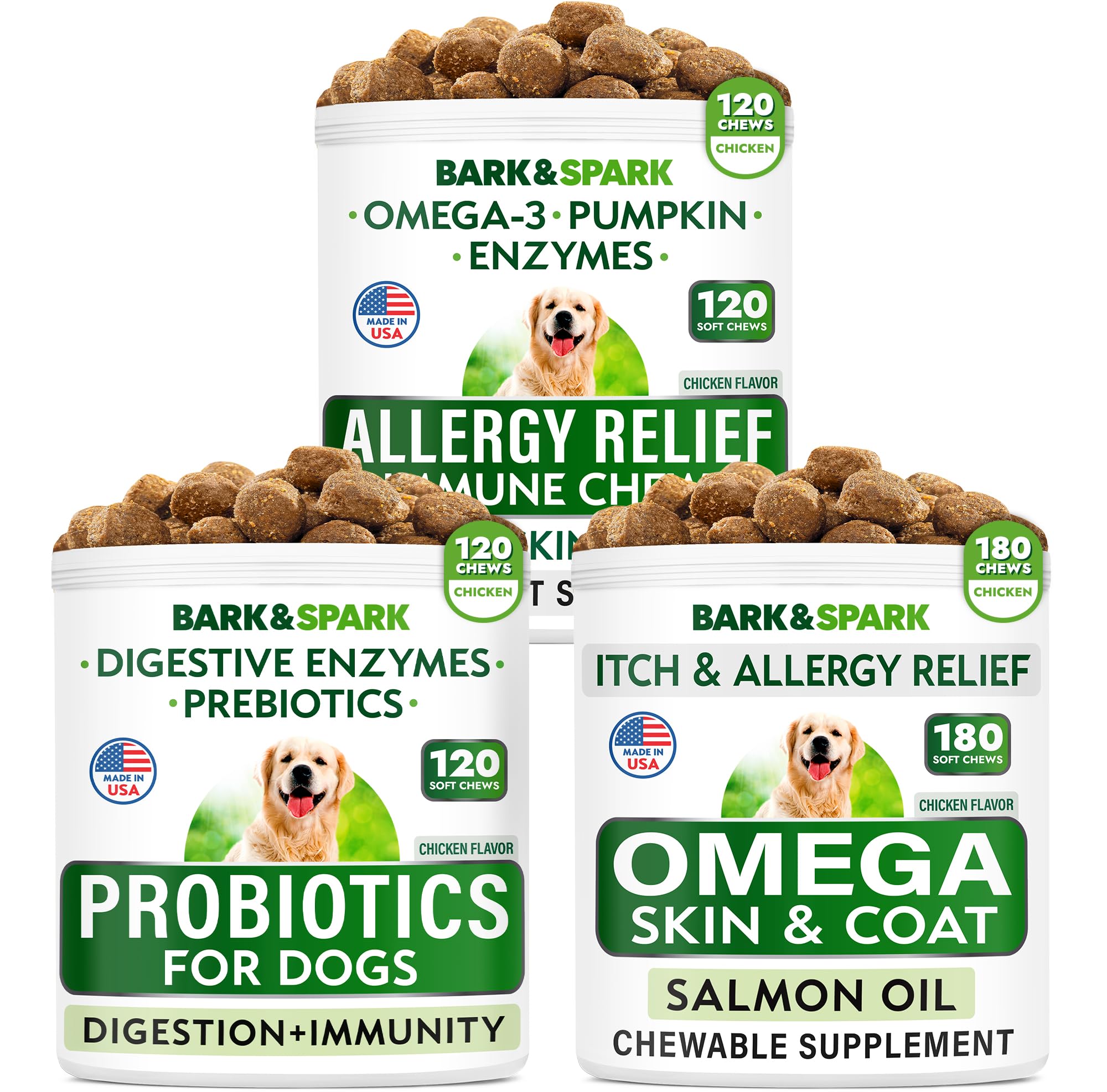 Allergy Relief + Omega 3 + Probiotics & Digestive Enzymes Bundle - Anti-Itch Skin & Coat + Joint Health + Pet Diarrhea Gas Treatment - Fish Oil + EPA & DHA Fatty Acids - 420 Chews - Made in USA