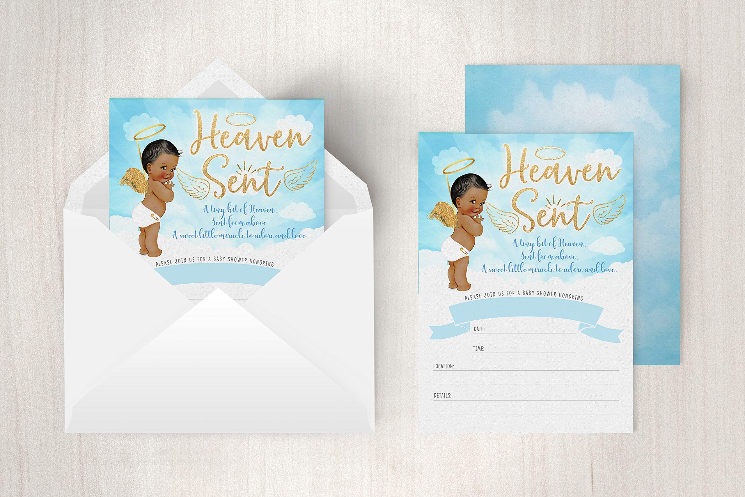 Heaven Sent Boy Baby Shower Invitation - African American Cute Clouds and Celestial Angel Baby Shower Invite - Twinkle Twinkle Little Star - 20 Fill-in Invitations and Envelopes