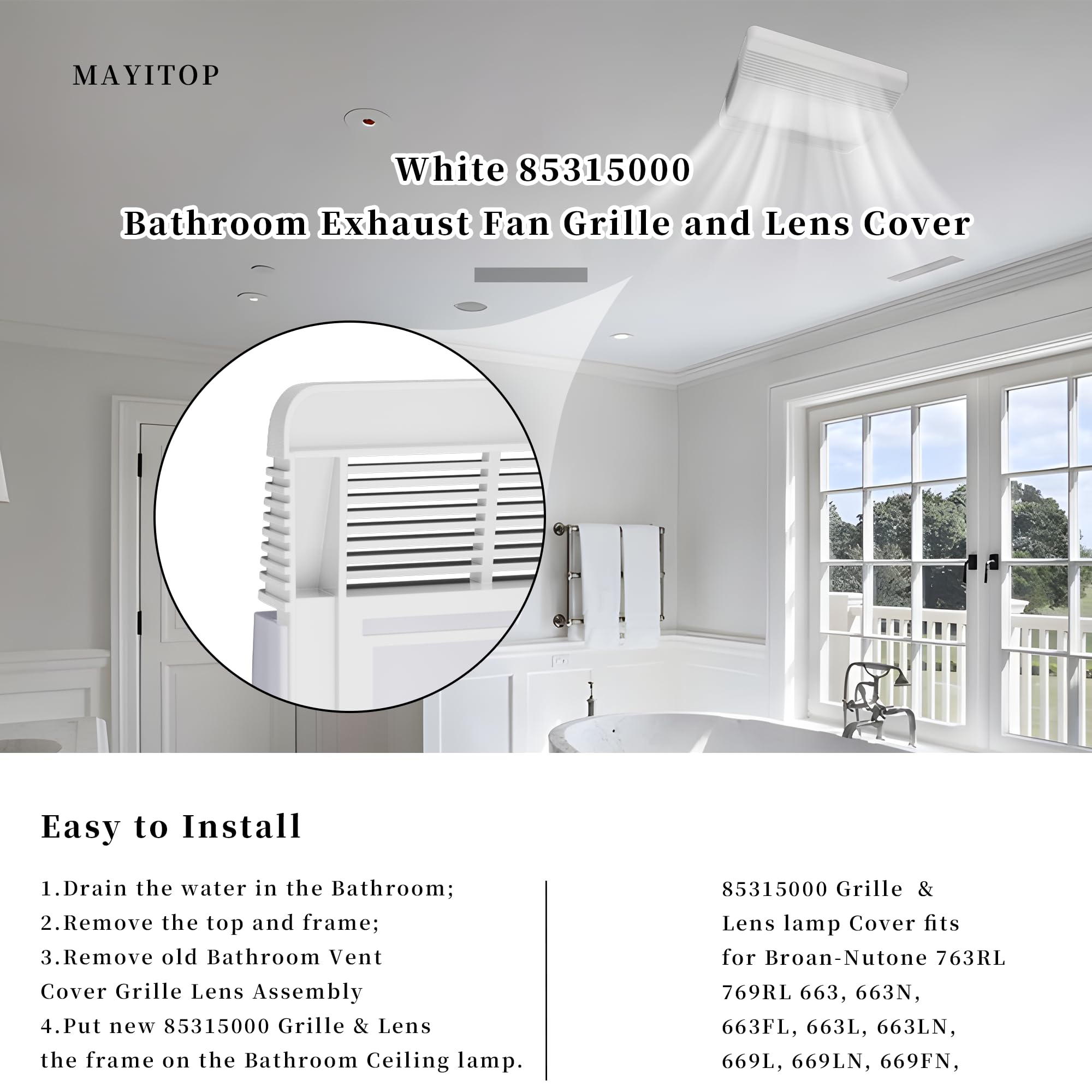 85315000 Vent Fan Cover Grille And Lens Replacement for Broan Nutone Bathroom Ventilation Plastic Cover,Bathroom Fan Exhaust Fits Broan Nutone 663,663N,663FL,663LN,669L,669LN,669FN,770F,763RLN,769RLN