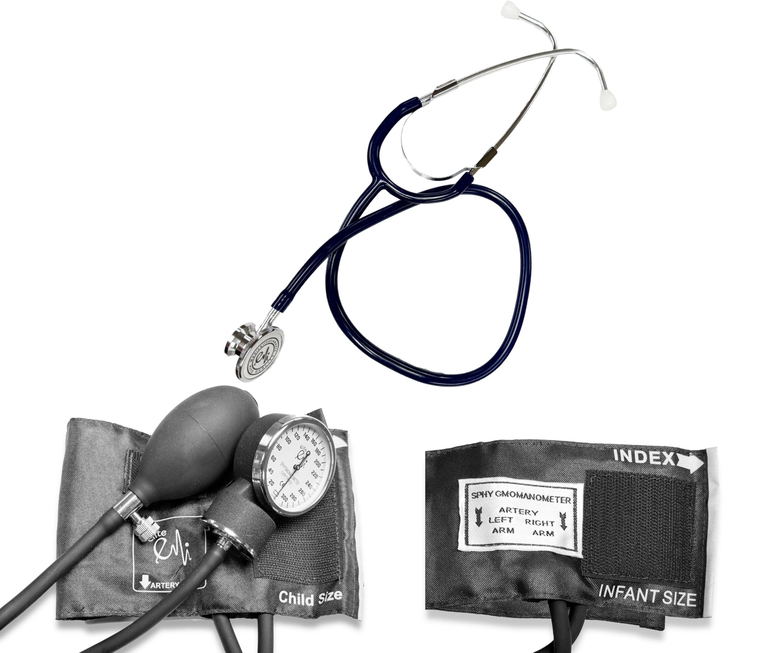 EMI #311 Pediatric 3-Piece Combination Set – Includes Pediatric Aneroid Sphygmomanometer, Infant Aneroid Sphygmomanometer, and Basic Dual Head Stethoscope - Black
