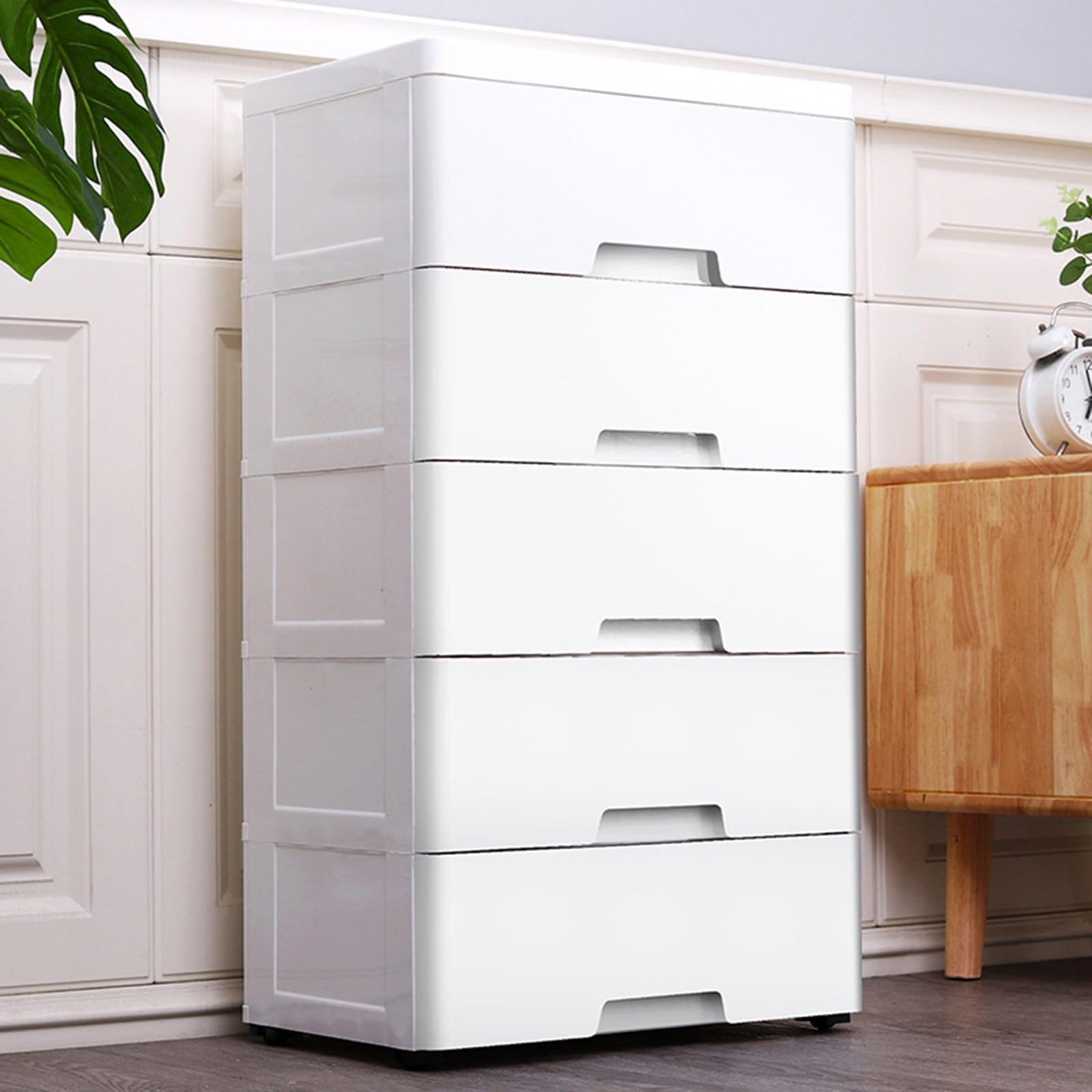 5 Drawer Storage Cabinet with Wheels,Plastic Drawers Dresser,5 Tier Storage Cabinet for Living Room,Bedroom,Kitchen,White
