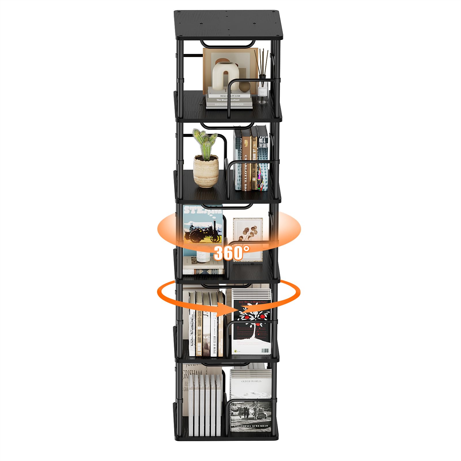 5 Tier Square Rotating Bookshelf, 360 ° Display Stackable Spinning Bookshelf Tower, Space Saving Tall Floor Standing Swivel Bookcase Corner Storage Organizer for Bedroom, Living Room, Rustic Brown