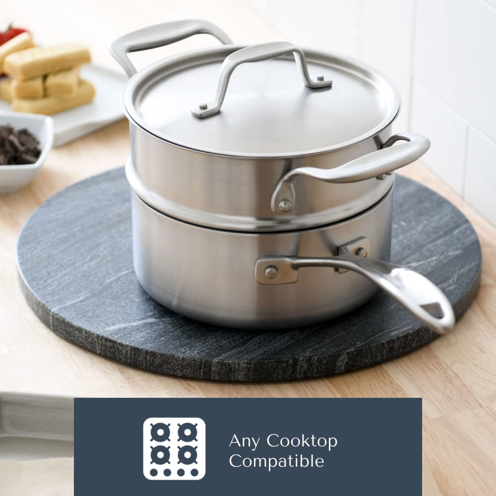 American Kitchen - 3 Quart Stainless Steel Sauce Pan & Insert Set, with cover and steamer insert, Made In America