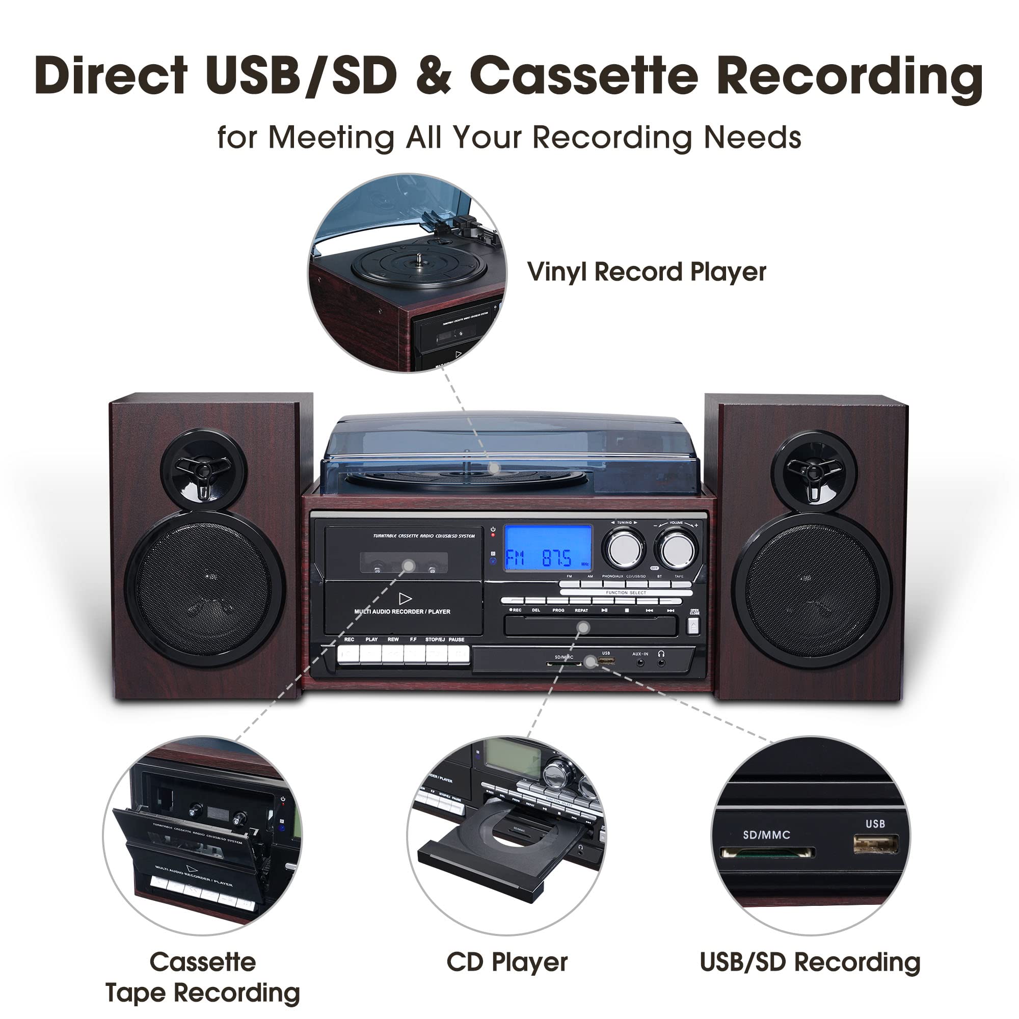 AW Vinyl Record Player with Speakers Turntable for Vinyl Records Stereo System for Home Bluetooth Tape Cassette CD Player Retro All in 1 AM/FM Radio
