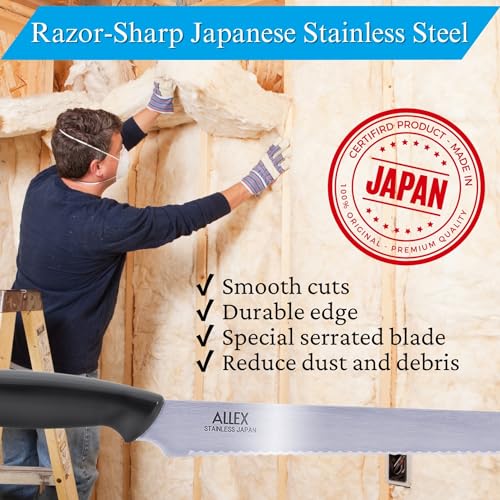 ALLEX Large Insulation Knife Extra Long Cut 11", Japanese Stainless Steel Serrated Blade, Duct Knife Tool with Sheath for Insulation, Styrofoam, Polyurethane Foam, Made in JAPAN