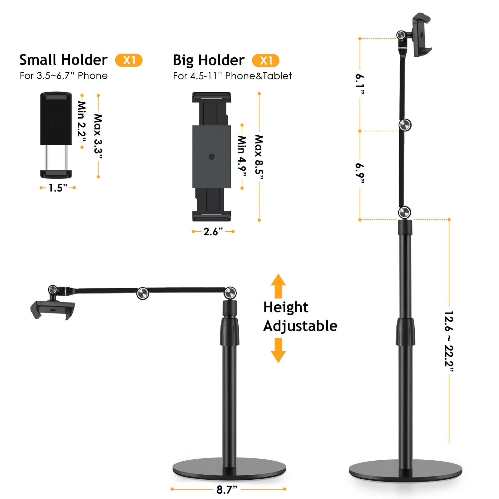SupeDesk Phone Stand Overhead Recording Stand, Adjustable Cell Phone Holder, Multiangle, 3-Part Adujustable,Horizontal Recording Stand, Compatible with 3.5-11" Phone/iPad Mini/iPhone, Black