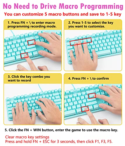Lomiluskr JXZJ Pink Wired Mechanical Keyboard with White Backlit, 22 Lighting Effects, 104 Keys Anti-Ghosting Gaming Keyboard (Pink, Blue Switch)