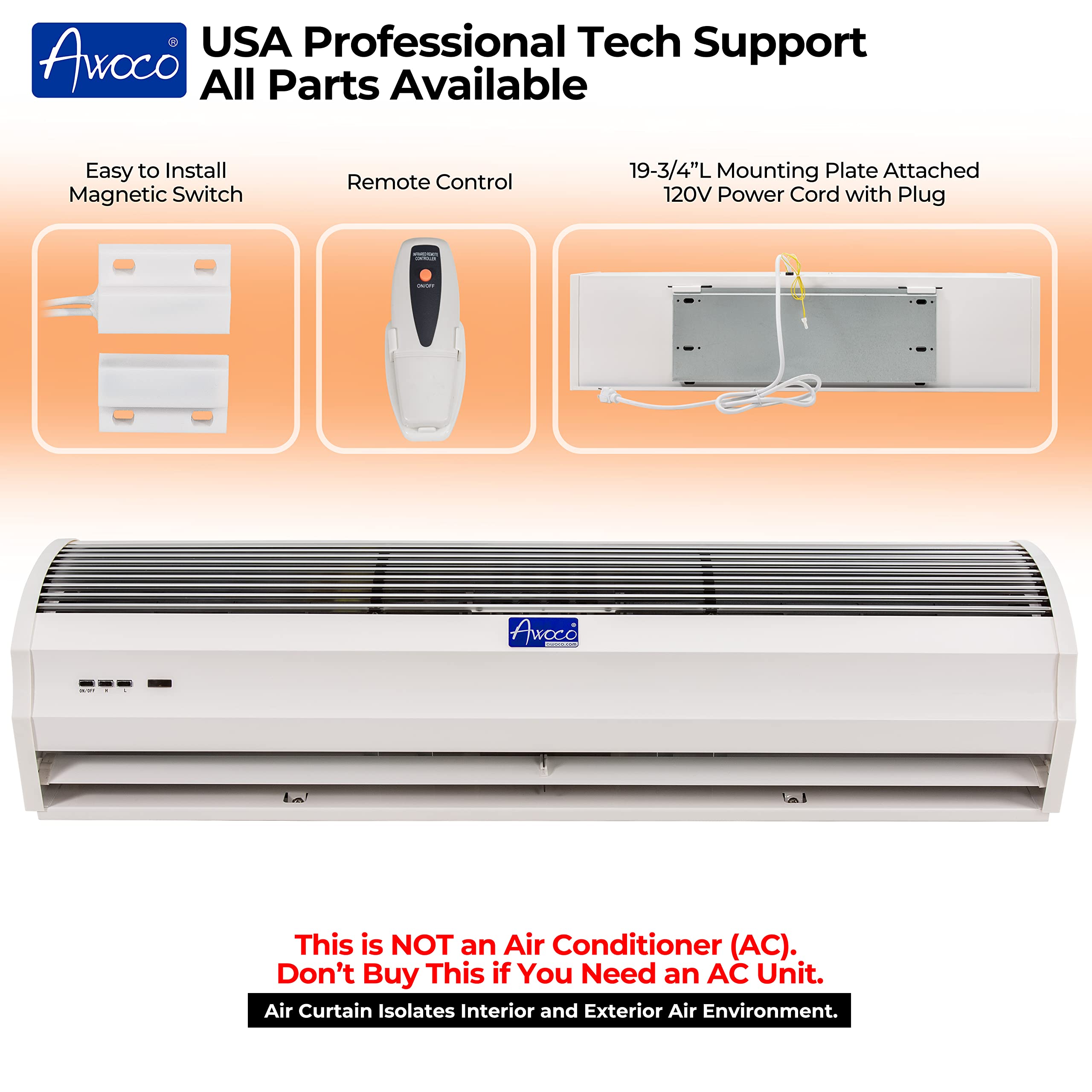 Awoco 36" FM-1209T 1100 CFM Slim Indoor Air Curtain, CE Certified, 120V Unheated with Remote Control and Magnetic Switch, Powerful, Quiet, Small Body, Light Weight