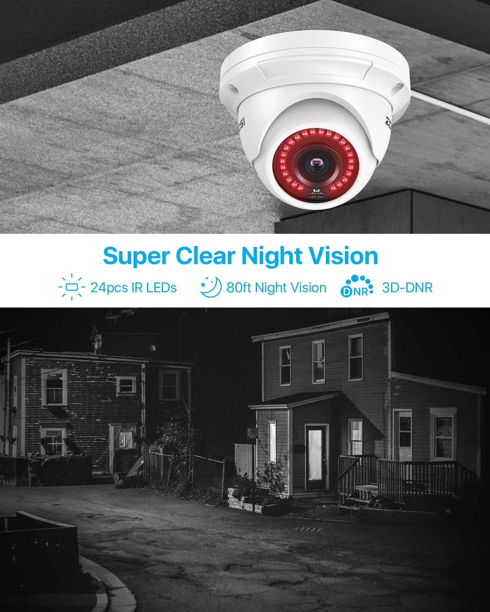 ZOSI 4PK 5MP Add-on POE IP Security Camera with Etherent Cables PoE Dome Camera with Night Vision,IP66 Weatherproof, Compatible with ZOSI 4K/5MP NVR(Model:ZR08EN,ZR08DN,ZR08PN,ZR16DK)