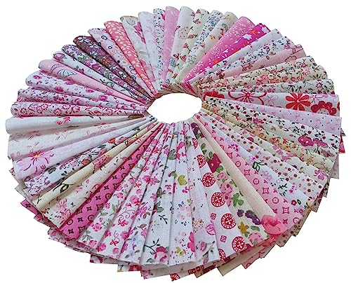 50PCS 4 X4 Inches Different Patterns Pink Cotton Craft Printed Fabric DIY Handmade Material Set Bundle Patchwork Squares for Home Crafts Sewing Scrapbooking Quilting
