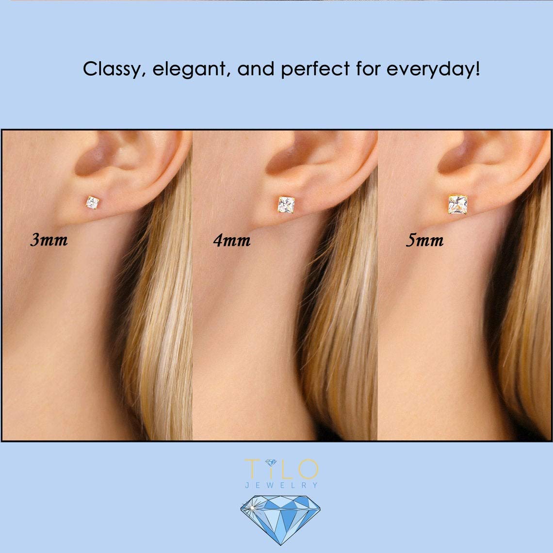 14k White Gold Solitaire Square Princess-cut CZ Stud Earrings with Secure Screw-backs (3mm)…