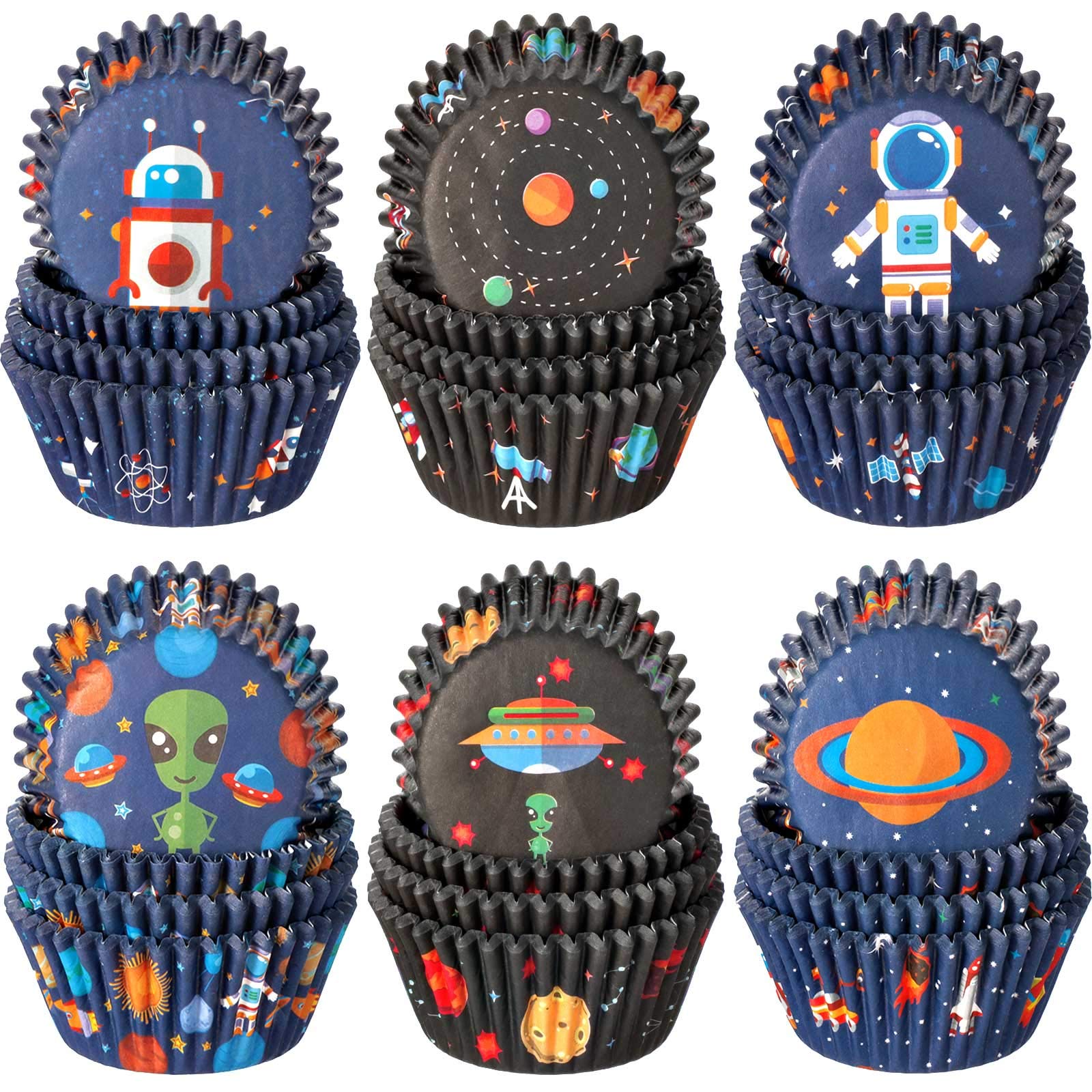 600 Pieces Space Adventure Cupcake Liners Outer Space Planet Rocket Astronaut Baking Cups Cupcake Wrappers Wraps Muffin Case Trays for Outer Space Theme Birthday Party Supplies