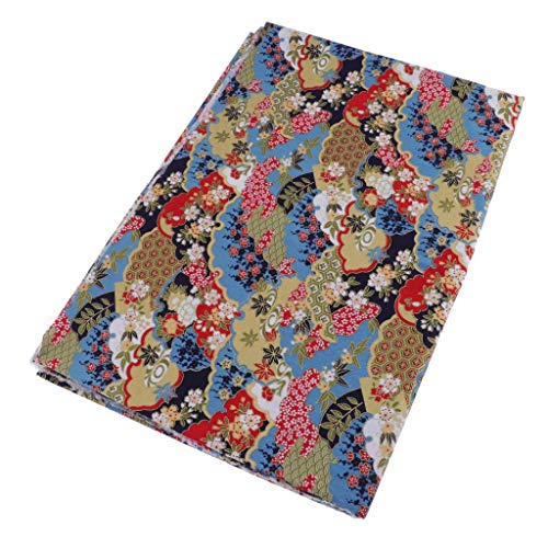 LoveinDIY Cotton Fabric Yard Sewing Patchwork Fabric Japanese Kimono Printed Fabric, Japanese Traditional pattarn, for Your Hand Making, Blue Flowers