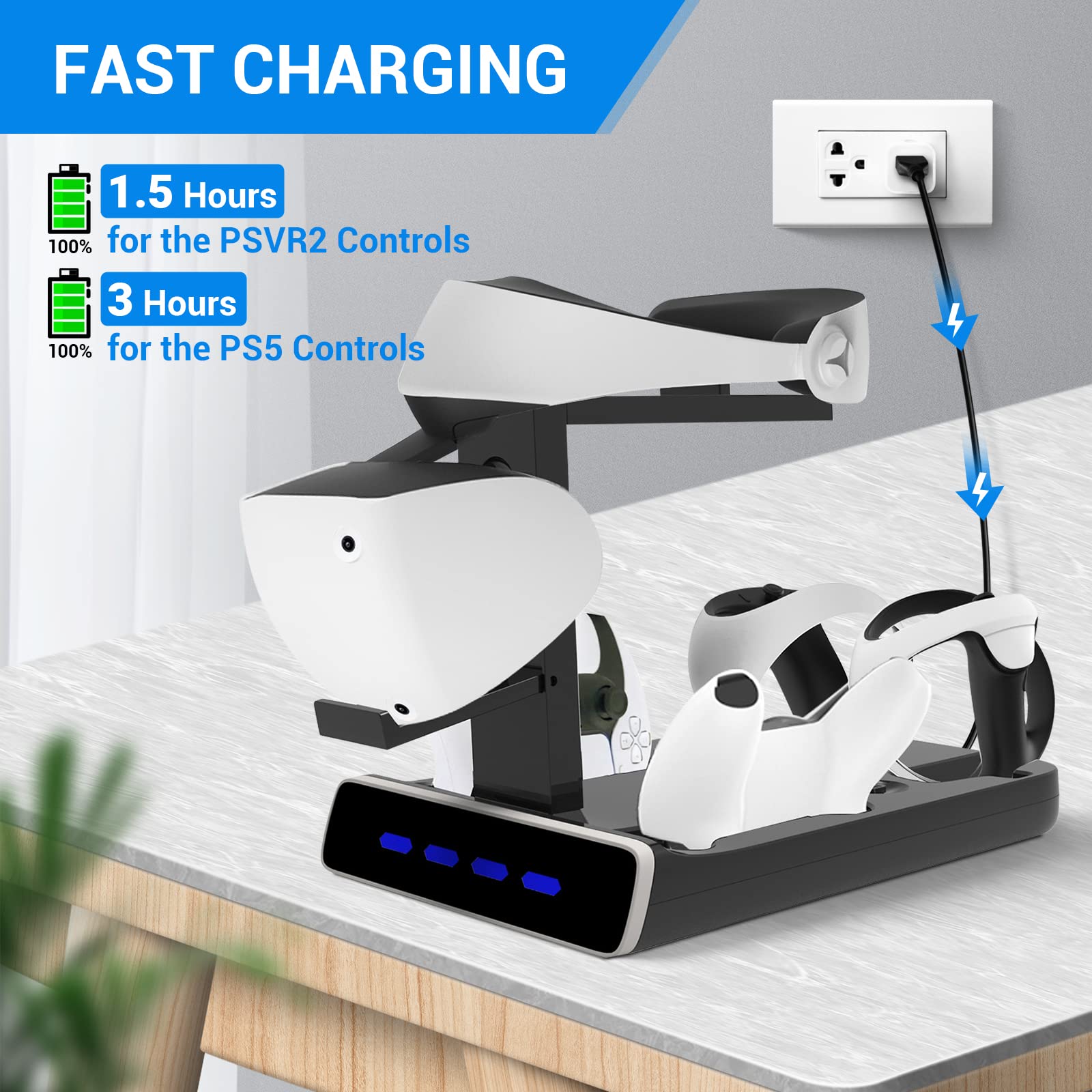 5-in-1 PSVR2 Charging Station Stand for Sony Playstation VR2 and PS5 Controller Charging Dock Station with LED Light, VR Headset Display Stand, Seat Charger and Charging Cable