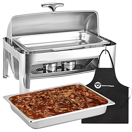 Deluxe Chafer Dish -8-quart capacity Full-Size S/S rectangular Includes Food Pan, Water Pan and Fuel Holders shiny silver, keeps food warm in catered events (8-Qt with Full Size Pan) CHEFQ