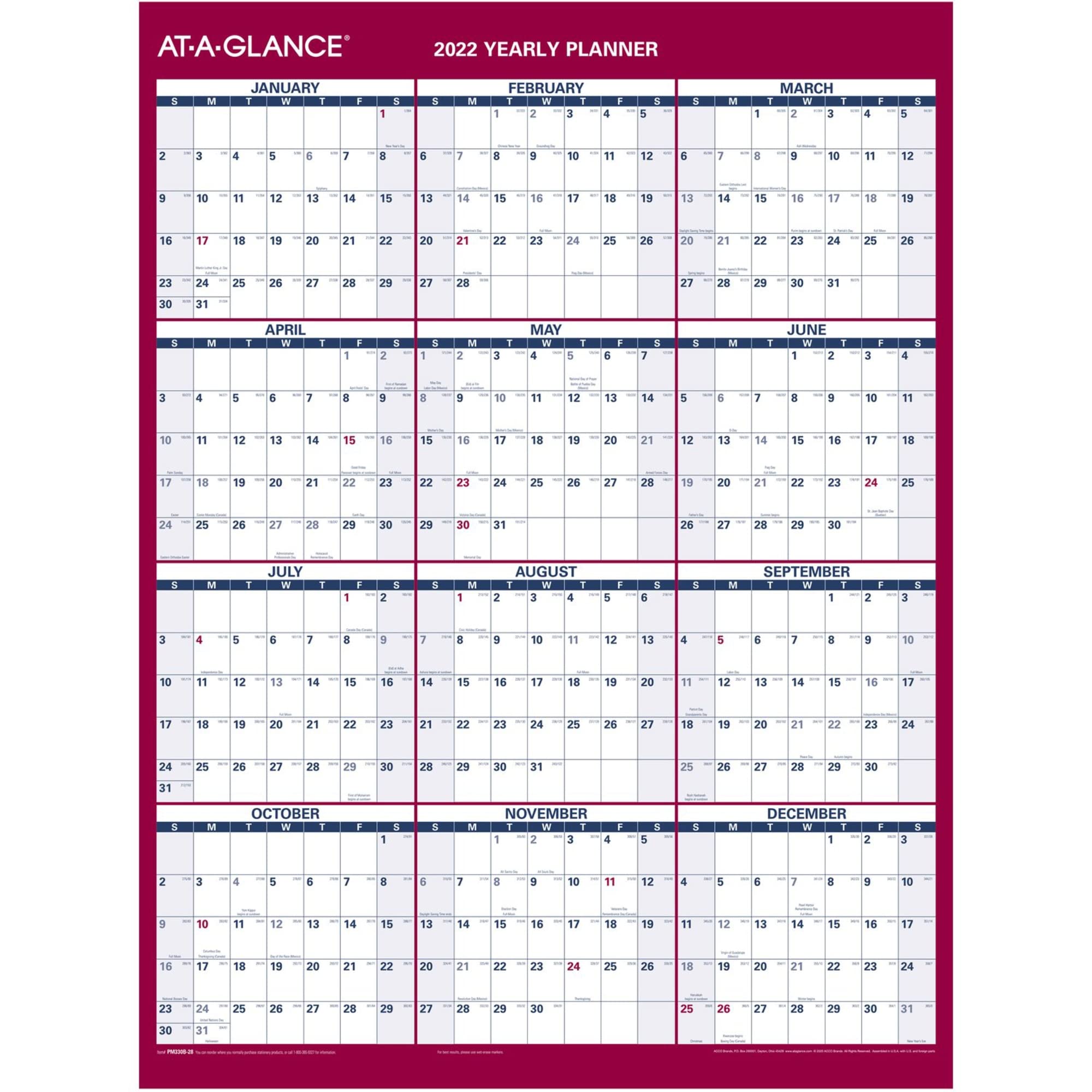 2022 Erasable Calendar, Dry Erase Wall Planner by AT-A-GLANCE, 12" x 16", Small, Vertical/Horizontal, Reversible, Compact (PM330B28)