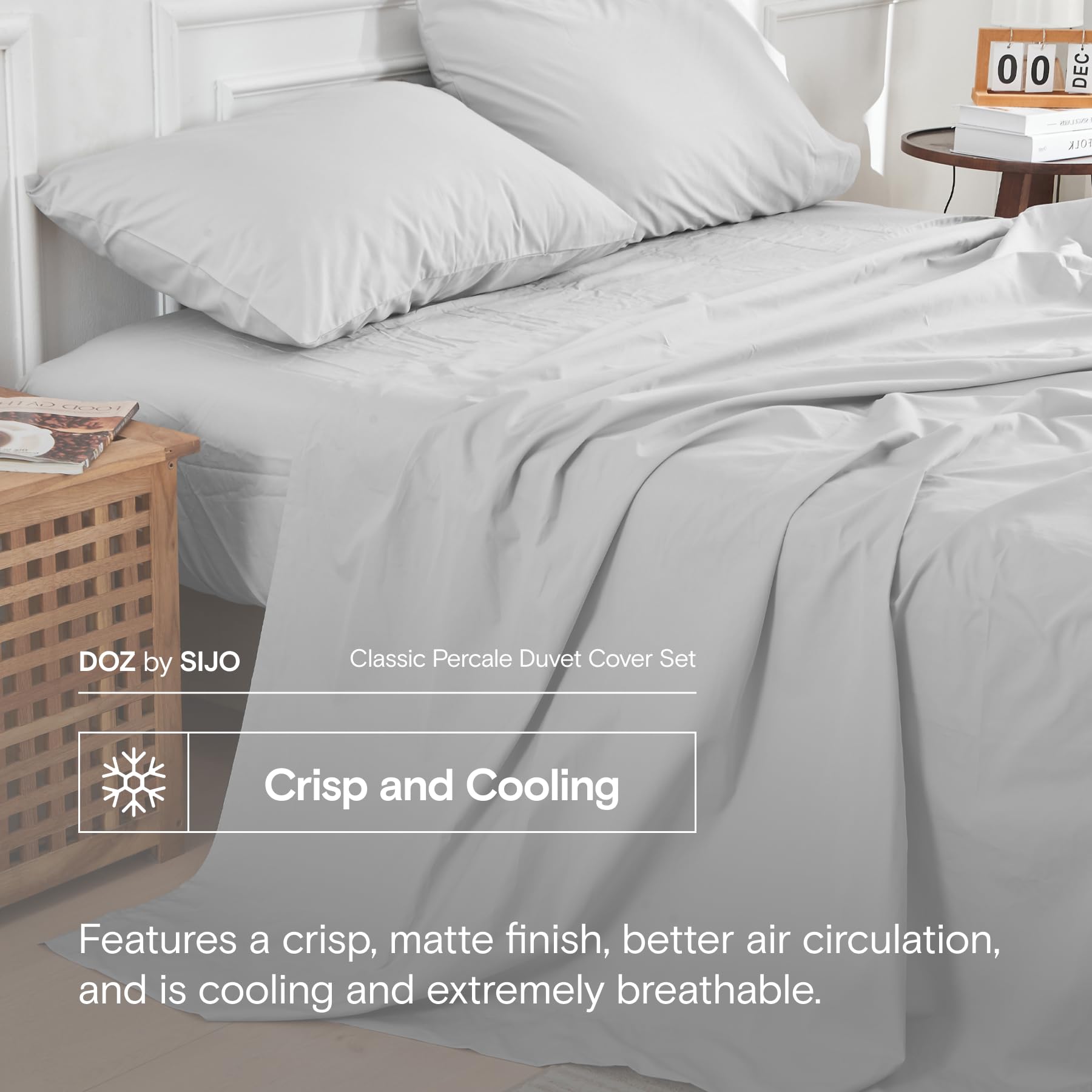 DOZ 100% Long Staple Cotton Duvet Cover Sets, Classic Crisp Percale Weave, Breathable, Matte Finish, Hotel Comfort, 106"x90", 8 Loops, 3pc β 2 Pillowcases 1 Duvet Cover (Dove, King/Cal King)