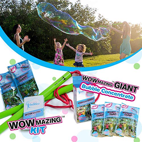 WOWMAZING Giant Bubble Wands Kit & bubble refills: Includes Wand, 5 Big Bubble Concentrate pouches and Tips & Trick Booklet | Outdoor Toy for Kids, Boys, Girls | Bubbles Made in The USA
