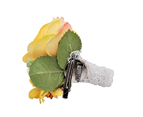Ansuma Rose Wrist Corsage Wristlet Band Bracelet and Men Boutonniere Set for Wedding Flowers Accessories Prom Suit Decorations (Yellow)