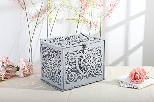 Mimacoo Wedding Money Box Holder with Sign, Large Rustic Wood Wooden DIY Envelop Gift Card Shadow Boxes with Lock Slot for Reception Anniversary (Silver)