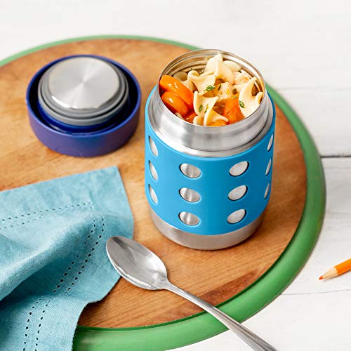 LunchBots Thermal 12 oz Triple Insulated Thermos - Hot 6 Hours or Cold 12 Hours - Leak Proof Thermos Soup Jar - All Stainless Interior - Navy Lid - Aqua Dots