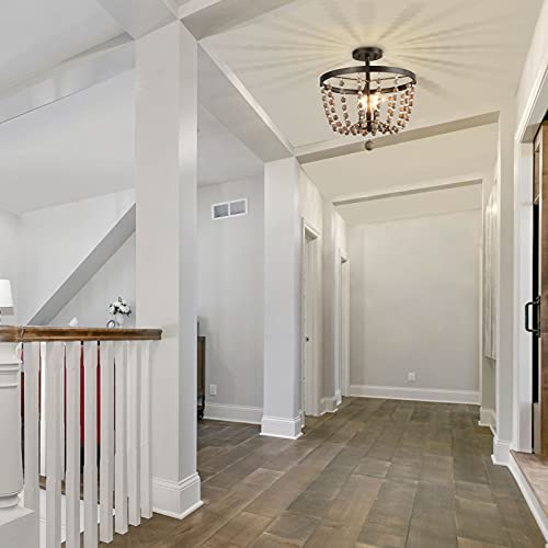 LALUZ Ceiling Light Fixture, 3-Light Boho Light Fixture, Farmhouse Wood Beaded Chandelier for Entryway, Foyer, Dark Silver Brushed, 16.1 β D x 17.3β H
