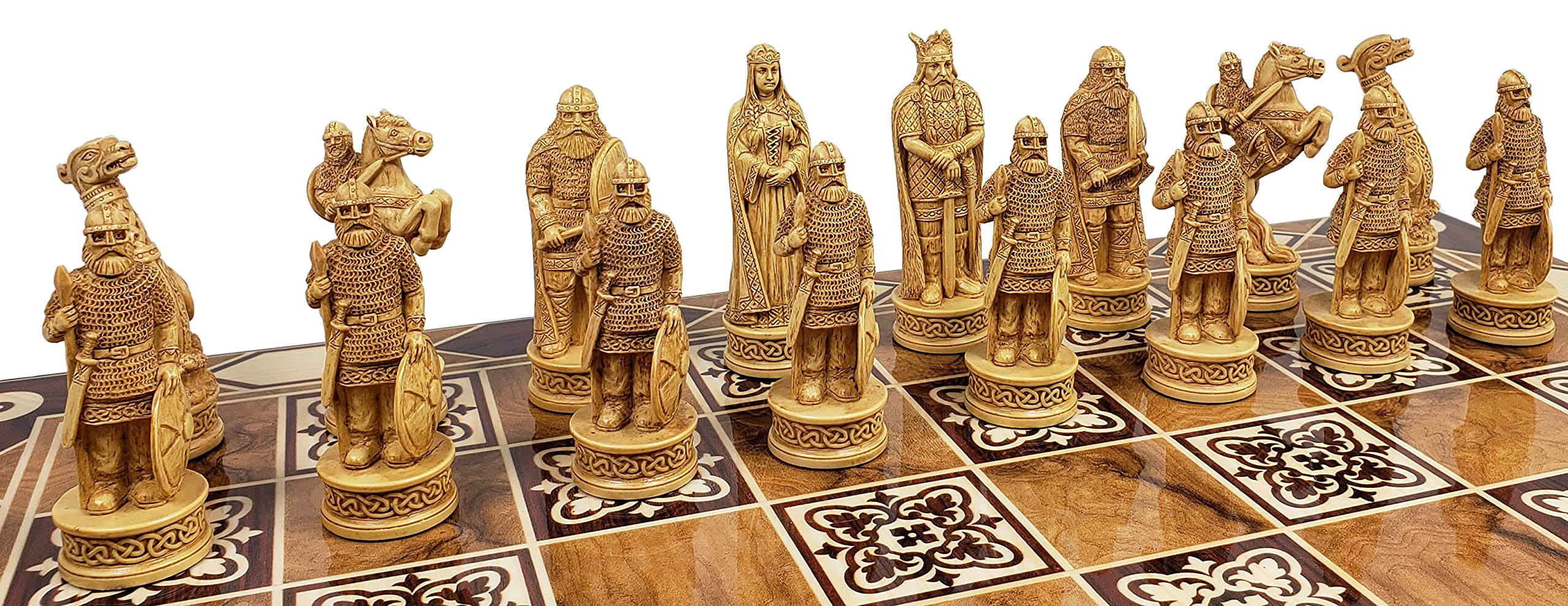 Antique Ivory & Brown Norse Viking Chess Set with 17" Burlwood Color Board